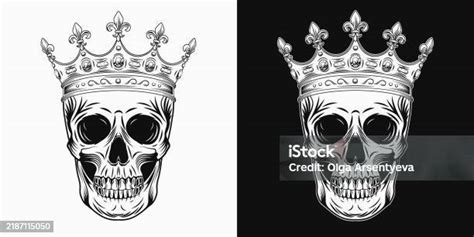 보석과 전통적인 왕관을 가진 인간의 두개골 Fleur De Lis 포인트에 표시 상세한 고딕 흑백 그림 빈티지 스타일 앞 모습 가면 무도회에 대한 스톡 벡터 아트 및 기타