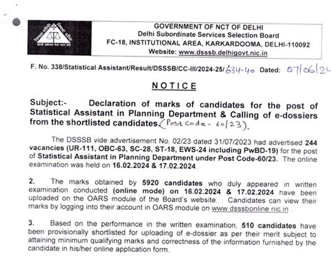 Dsssb Statistical Assistant Marks 2024 Out Check Score Card