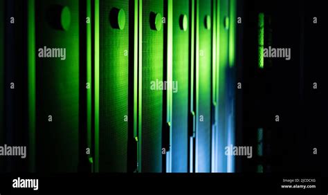 Image Of Close Up Of Empty Corridor With Row Of Blue And Green Computer