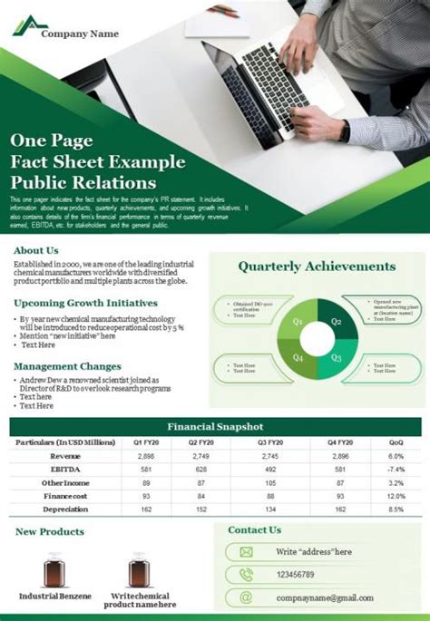 One Page Fact Sheet Example Public Relations Presentation Report Ppt Pdf Document Presentation