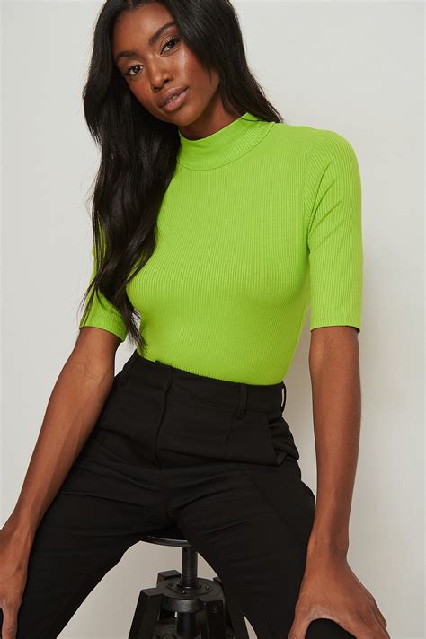 High Neck Short Sleeve Ribbed Top Green Na Kd