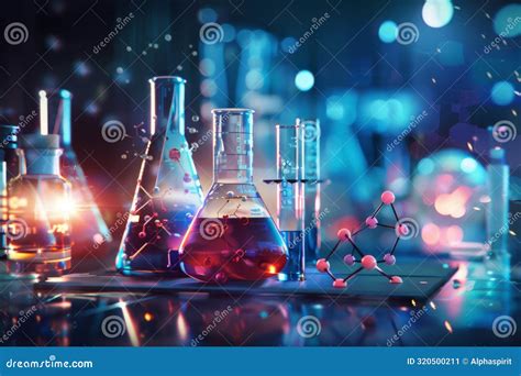 Colorful Depiction Of Laboratory Glassware With Glowing Liquid And Molecular Structures Stock