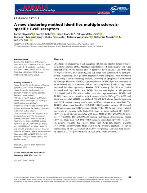 pdf a new clustering method identifies multiple sclerosis‐specific t