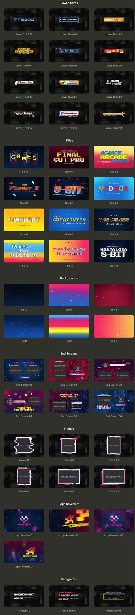 Fcpx插件复古怀旧8位像素文字标题字幕条背景边框动画 Pixel Playground Cg资源网