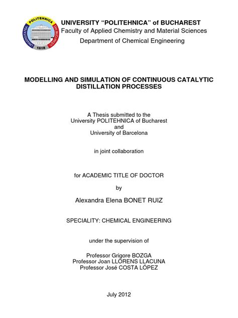 Modelling And Simulation Of Continuous Catalytic Distillation Processes
