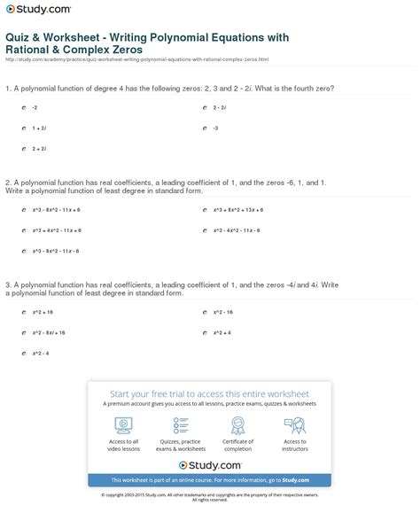 Quiz Worksheet Writing Polynomial Equations With — Db