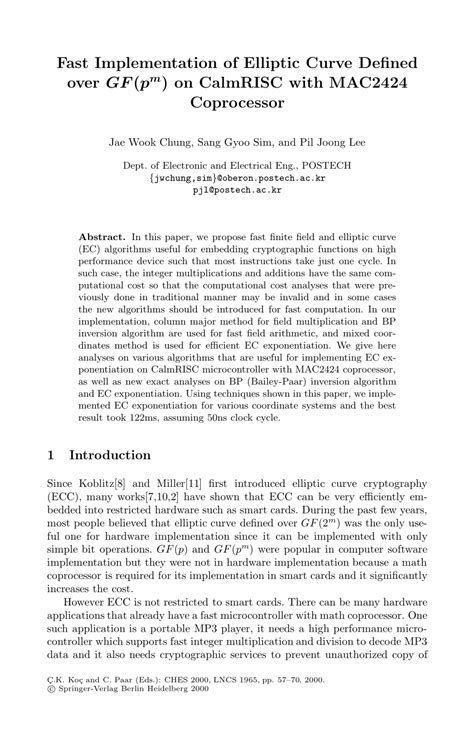 Pdf Fast Implementation Of Elliptic Curve Defined Over Gfpm On Calmrisc With Mac2424 Coprocessor