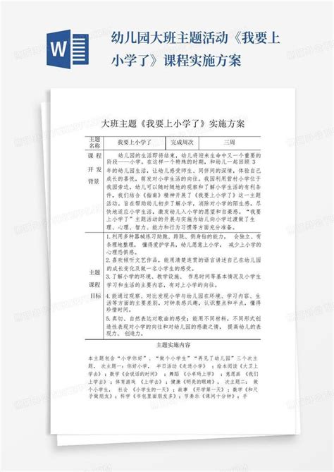 幼儿园大班主题活动《我要上小学了》课程实施方案 Word模板下载编号qzvokpej熊猫办公