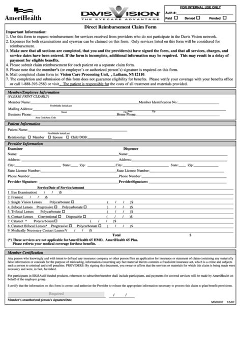 Form Ms00207 Amerihealth Direct Reimbursement Claim Form 2007