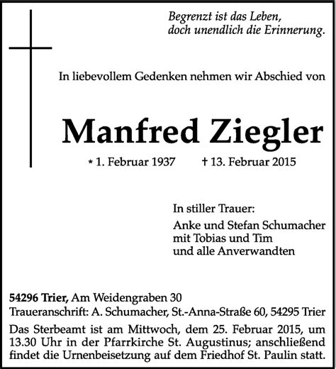 Traueranzeigen Von Manfred Ziegler Volksfreund Trauer De