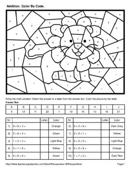 Adding 3 Numbers Coloring Worksheets Color By Code By WhooperSwan