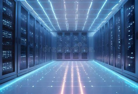 A Server Room With Rows Of Servers Illuminated By Blue And Pink Neon