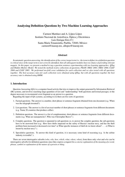 Pdf Analysing Definition Questions By Two Machine Learning Approaches