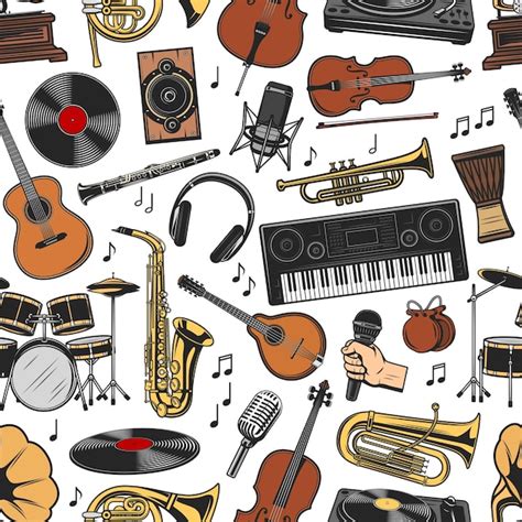 Instrumentos Musicales Y Equipos De Patrones Sin Fisuras Vector Premium