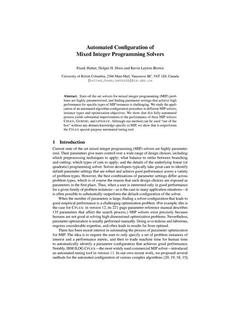 Automated Configuration Of Mixed Integer Programming Solvers Automated Configuration Of Mixed