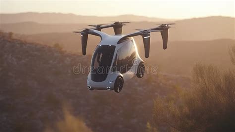 Autonomous Flying Taxi Soaring Above Landscape At Sunset Showcasing