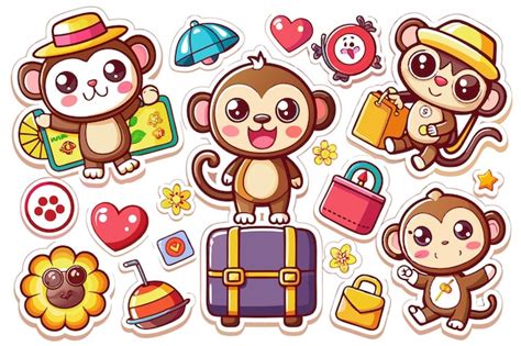 Set Of Cute Cartoon Monkeys And Travel Items Premium Ai Generated Vector
