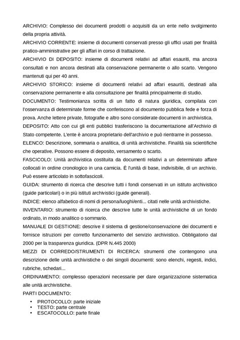 Archivistica Generale Definizioni Principali Docsity