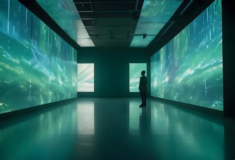 A Person Stands In A Modern Gallery Space Surrounded By Large Screens