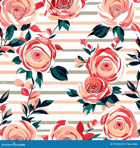 Seamless Floral Pattern With Red Roses And Leaves On Striped Background