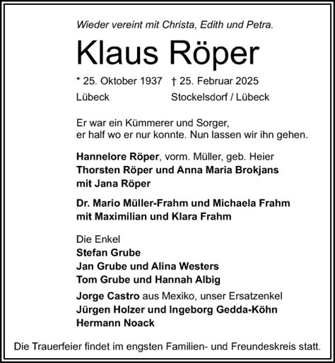 Traueranzeigen Von Klaus Röper Trauer Anzeigende