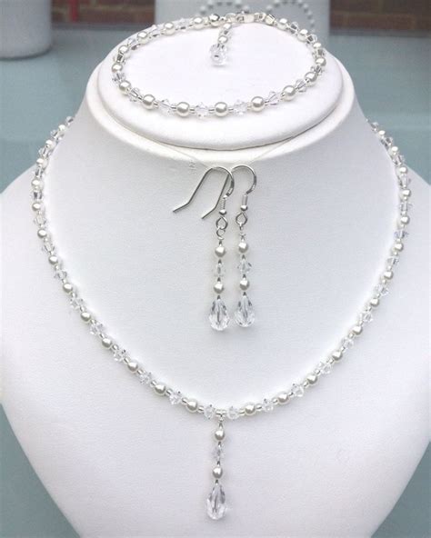 Crystal And Pearl Bridal Jewellery Set Dainty Sterling Silver Dainty