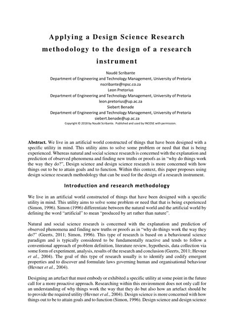Pdf Applying A Design Science Research Methodology To The Design Of A Research Instrument
