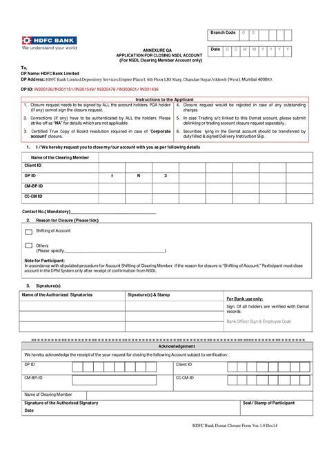 Hdfc Bank Account Closure Request Form Cdsl And Nsdl Download In Pdf