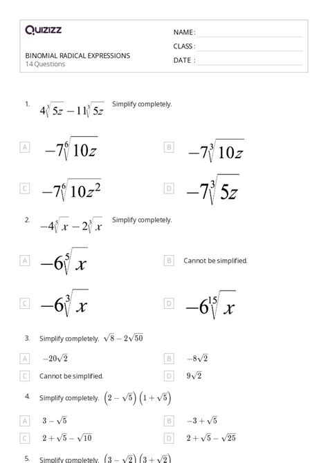 50 Radical Expressions Worksheets For 10th Class On Quizizz Free And Printable