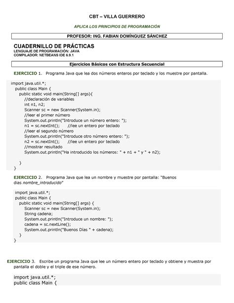 Cuadernillo DE Practicas JAVA Netbeans 1 Parcial CBT CBT VILLA GUERRERO APLICA LOS