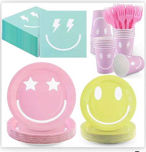 Durony 144 Pieces Preppy Smile Face Party Tableware Set Party
