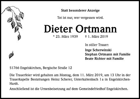 Traueranzeigen Von Dieter Ortmann Wirtrauern