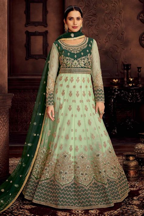 Buy Mint Green Net Embellished Anarkali Suit With Dupatta Online Like