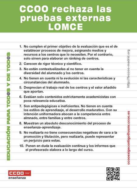MareaVerde CCOO llama a la objeción a las pruebas externas LOMCE