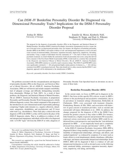 PDF Can DSM IV Borderline Personality Disorder Be Diagnosed Via Dimensional Personality Traits