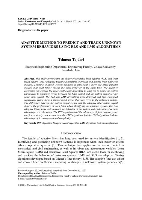 Pdf Adaptive Method To Predict And Track Unknown System Behaviors Using Rls And Lms Algorithms
