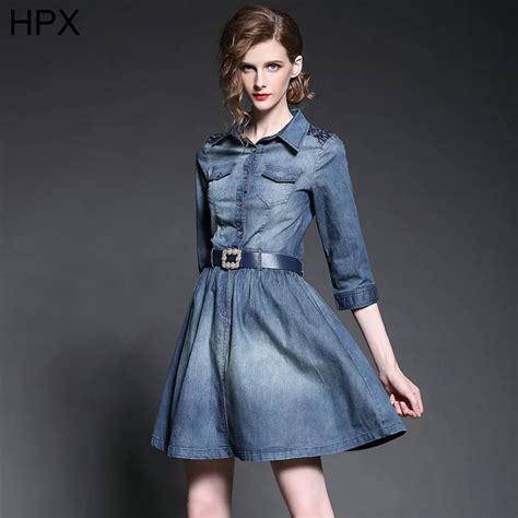 Women Blue Denim Diamond Turn Down Collar Fashion Casual Jeans Dress