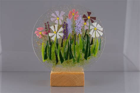 Fused Glass Wild Flower Plate Sun Catcher Spring Summer Flowerswith