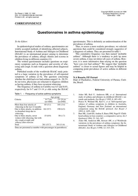 Pdf Questionnaires In Asthma Epidemiology