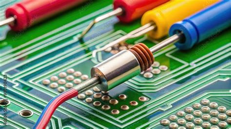 Close Up Of A Small Thermistor Component On A Circuit Board With Colored Wires And Metal