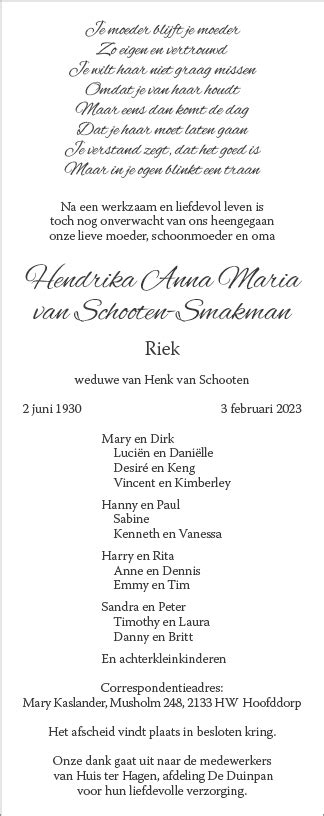 Overleden Hendrika Anna Maria Van Schooten Smakman Riek 02 06 1930