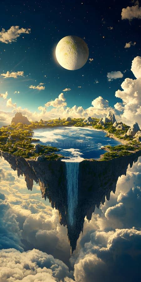 Flat Earth With Oceans And Continents Water Flowing Over The Edges Surrounded By A Cosmic Moon