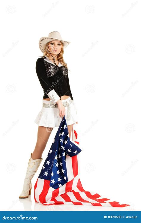 Young Blonde Girl With American Flag Stock Image Image Of Banner
