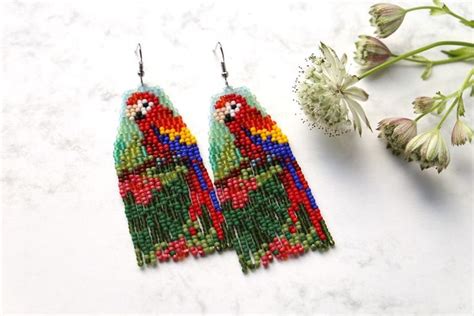 Handwoven Beaded Earrings Long Modern Earrings Tropical Earrings
