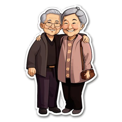 아시아 노인 남성과 여성 스티커 프리미엄 벡터