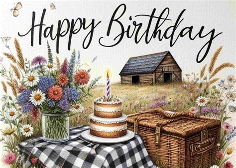 Rustic Farmhouse Birthday Card Watercolor Barn And Flowers Digital