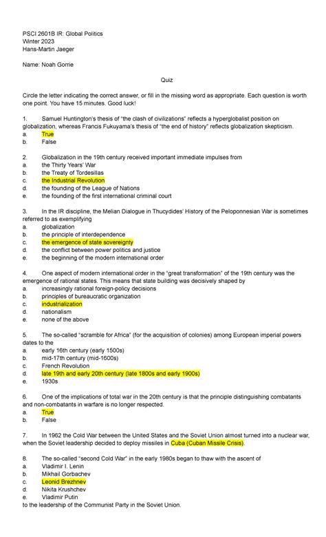 Psci Final Psci 2601b Ir Global Politics Winter 2023 Hans Martin Jaeger Name Noah Gorrie