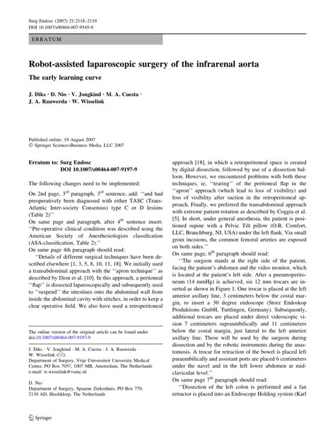 Pdf Robot Assisted Laparoscopic Surgery Of The Infrarenal Aorta The Early Learning Curve