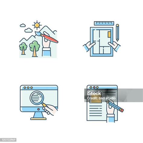 먼 작업 Rgb 색상 아이콘 설정 프리랜서 일러스트레이터 카피라이터 및 인테리어 디자이너 웹 연구 예술 및 아파트 디자인 기사 쓰기 격리된 벡터 그림 개념에 대한 스톡 벡터