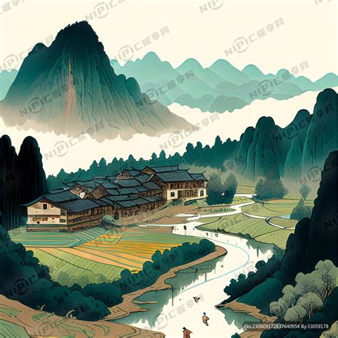 Ai创作图新会圭峰 平地放农民劳作制作陈皮现场 山上有一座茶坑村熊子塔 河流 青山绿水 线稿 昵图网